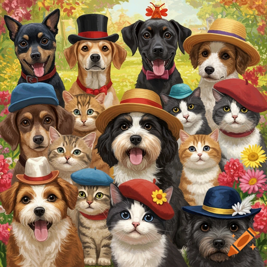A vibrant illustration of numerous happy dogs of various breeds playing ...