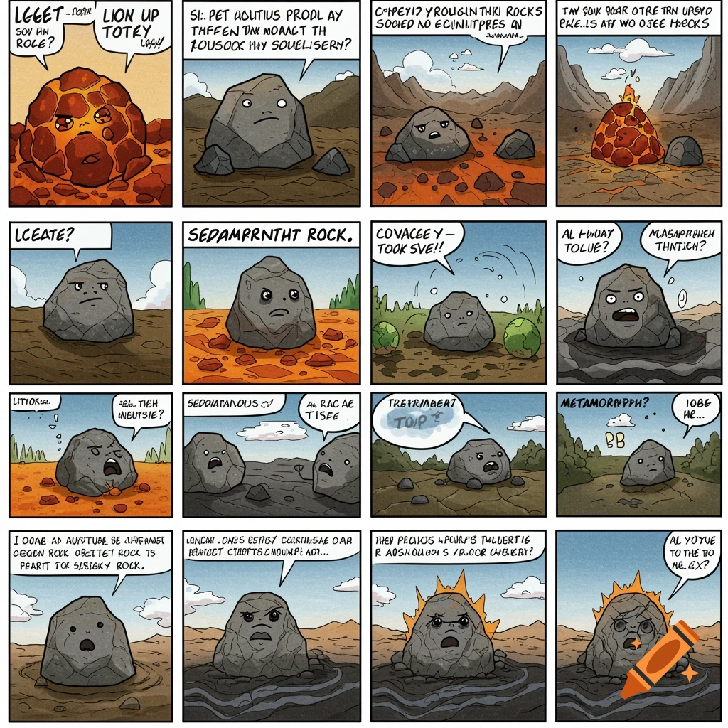 Comic strip showing a rock's transformation through the rock cycle on ...