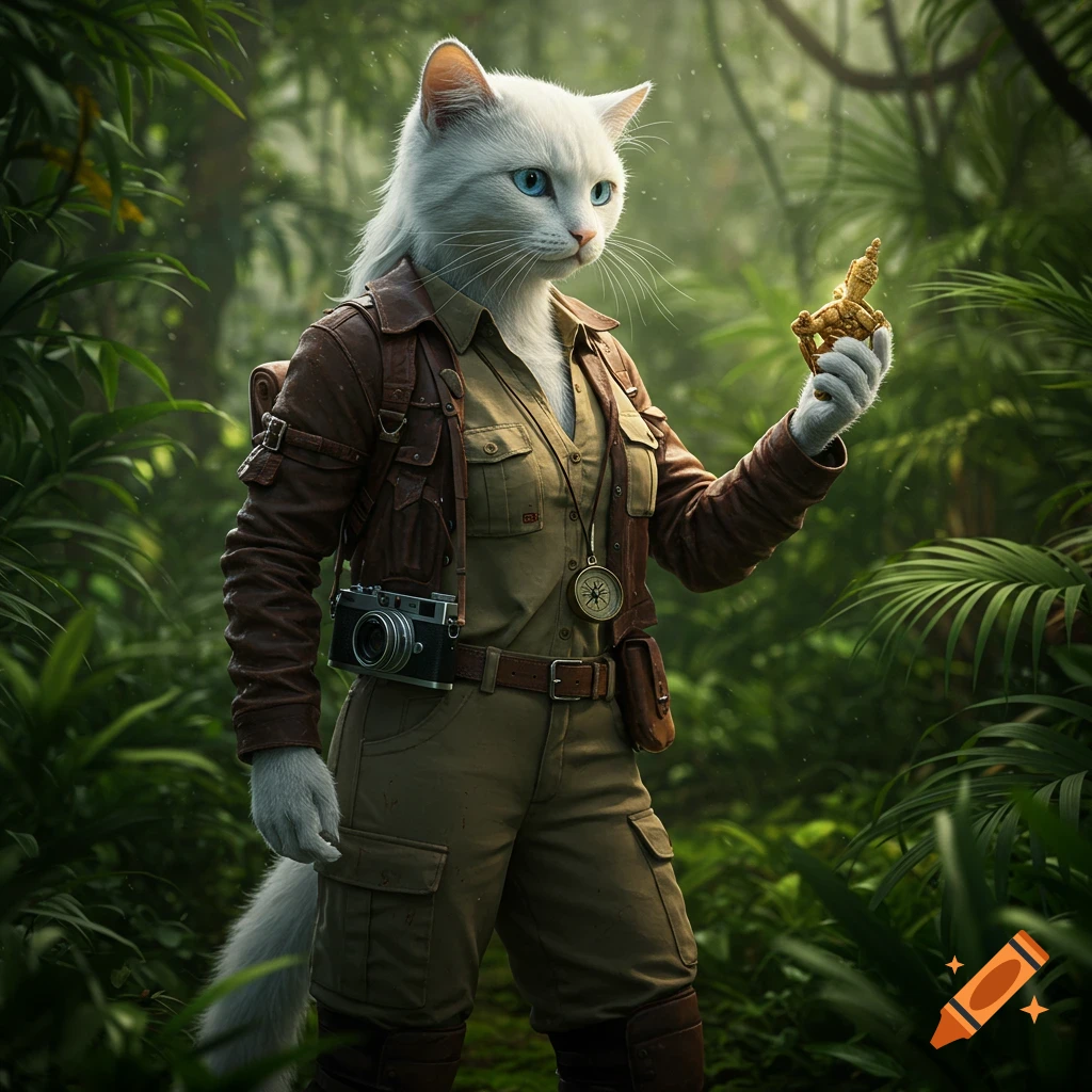 Humanoid white cat explorer in a jungle holding a golden idol on Craiyon