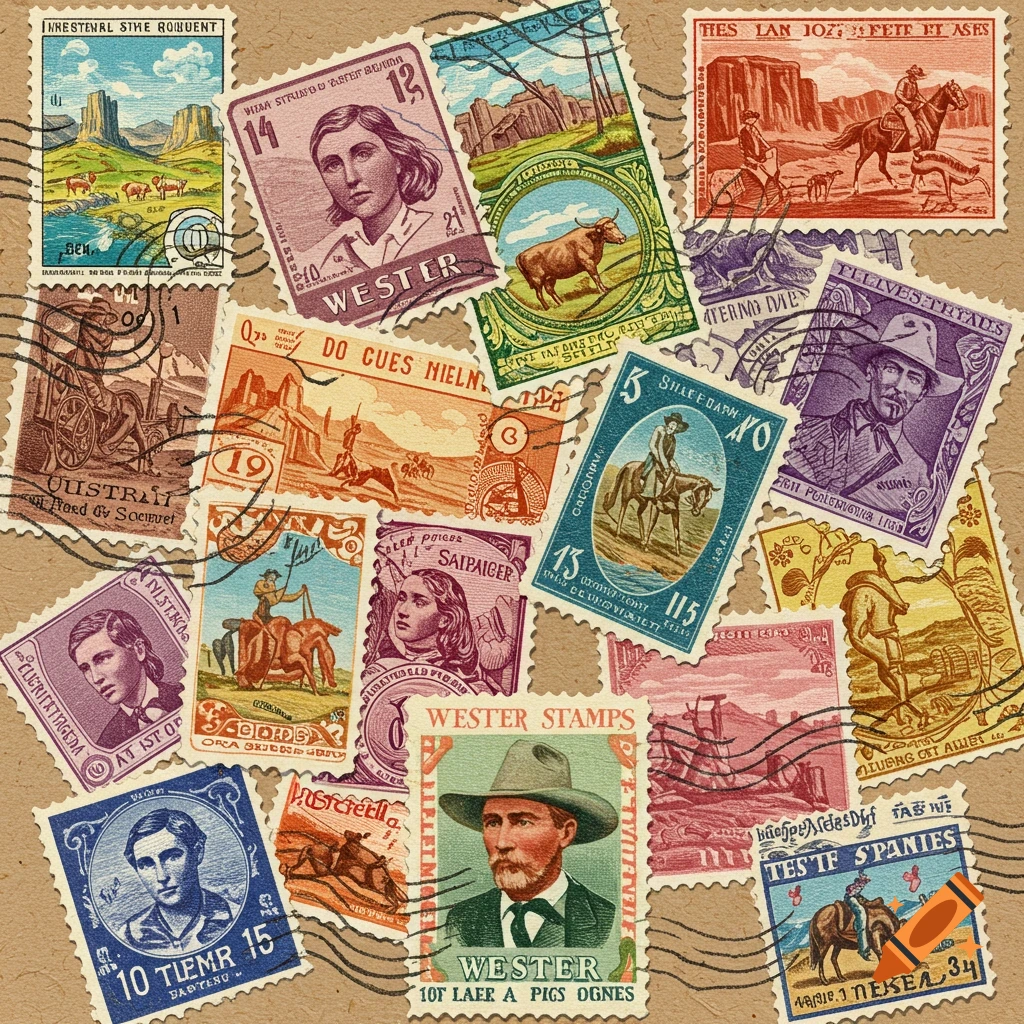 A collection of vintage-style stamps with Western themes. on Craiyon