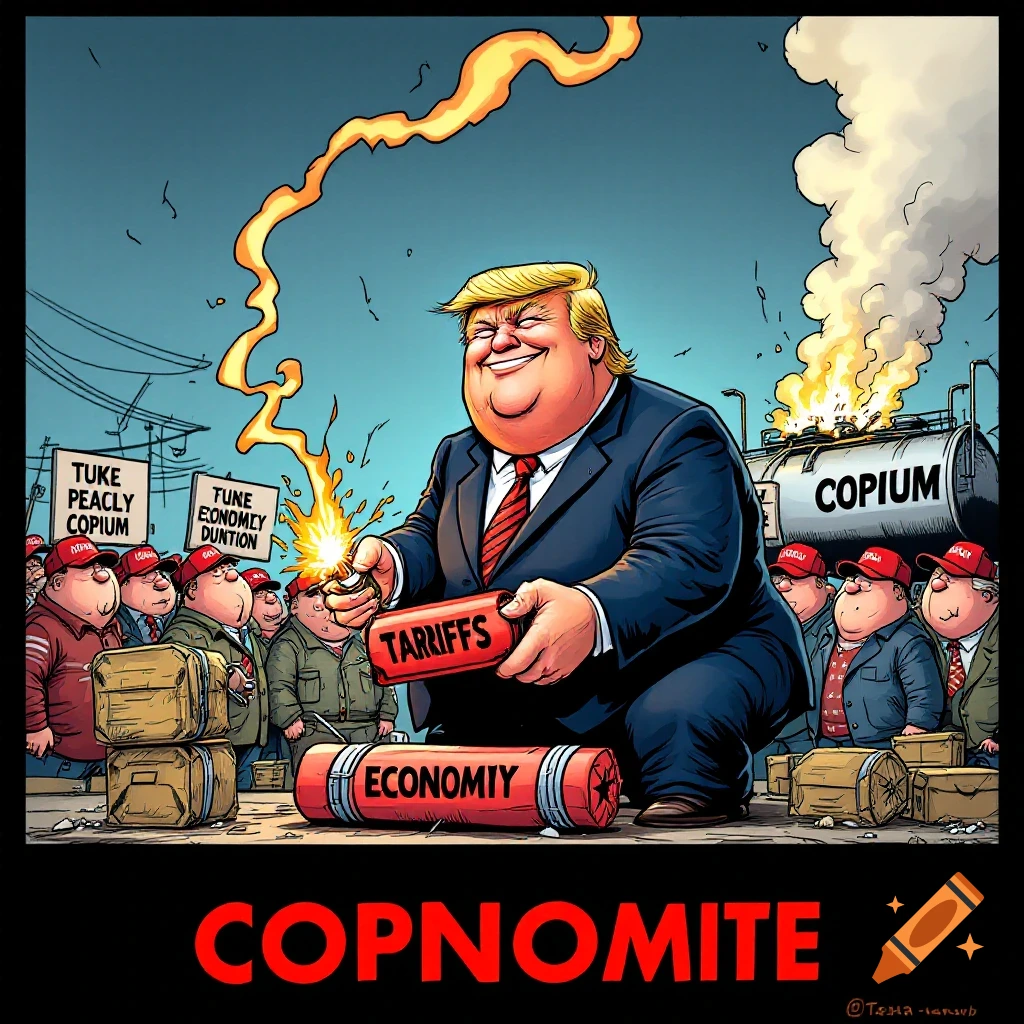 Political cartoon of Trump lighting a tariffs fuse on the economy, with ...
