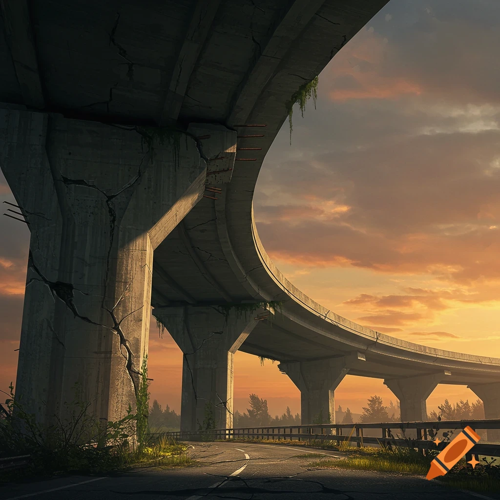 A crumbling concrete highway overpass curves against a sunset sky above ...
