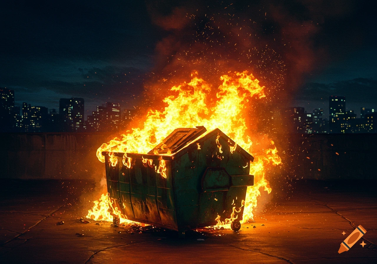 A green dumpster is intensely burning in a city street at night. Flames ...