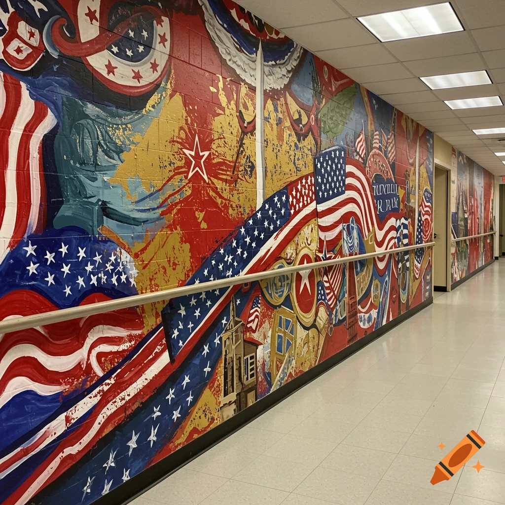 Colorful patriotic mural painted along a hallway wall, featuring ...