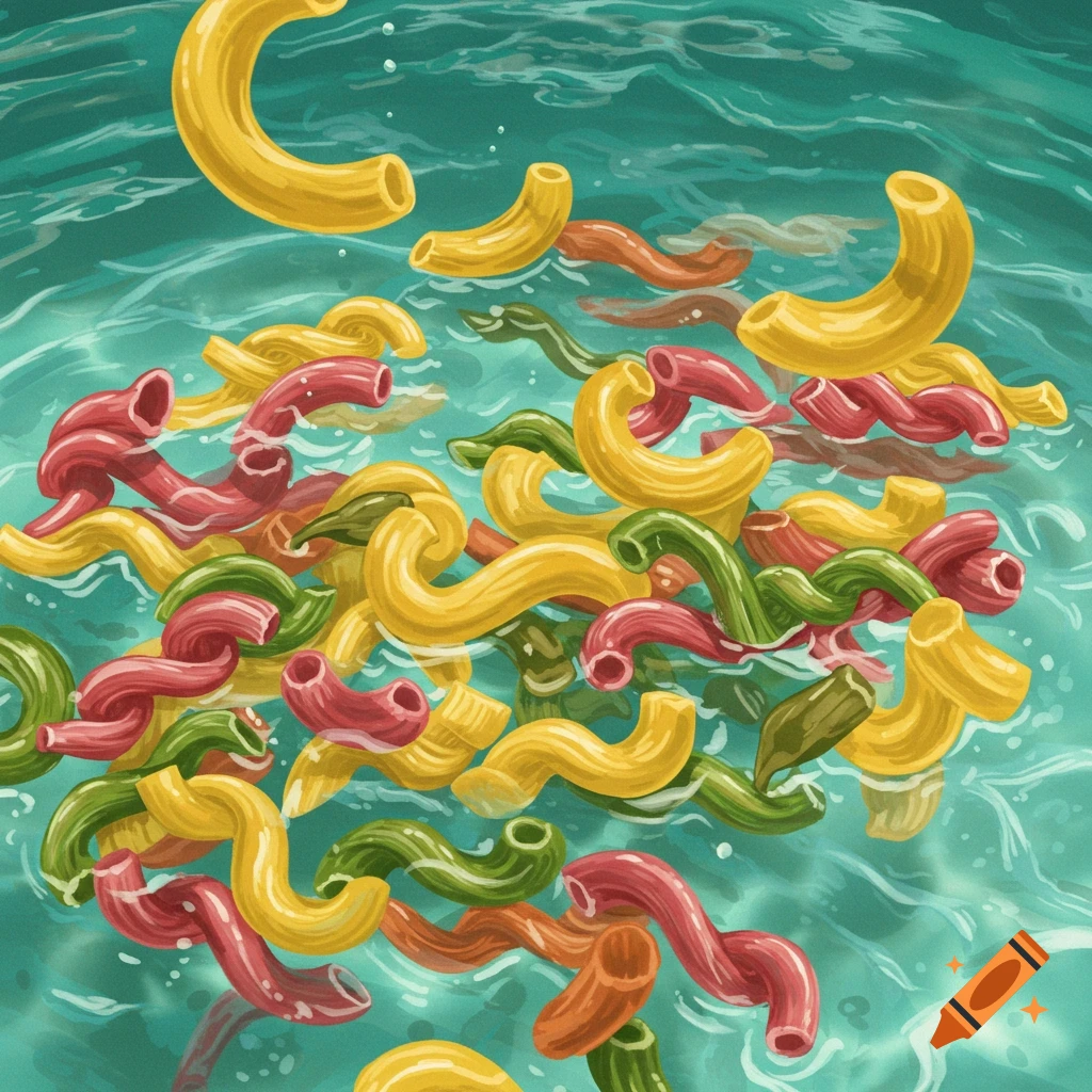 Colorful macaroni pasta shapes floating on the surface of turquoise ...