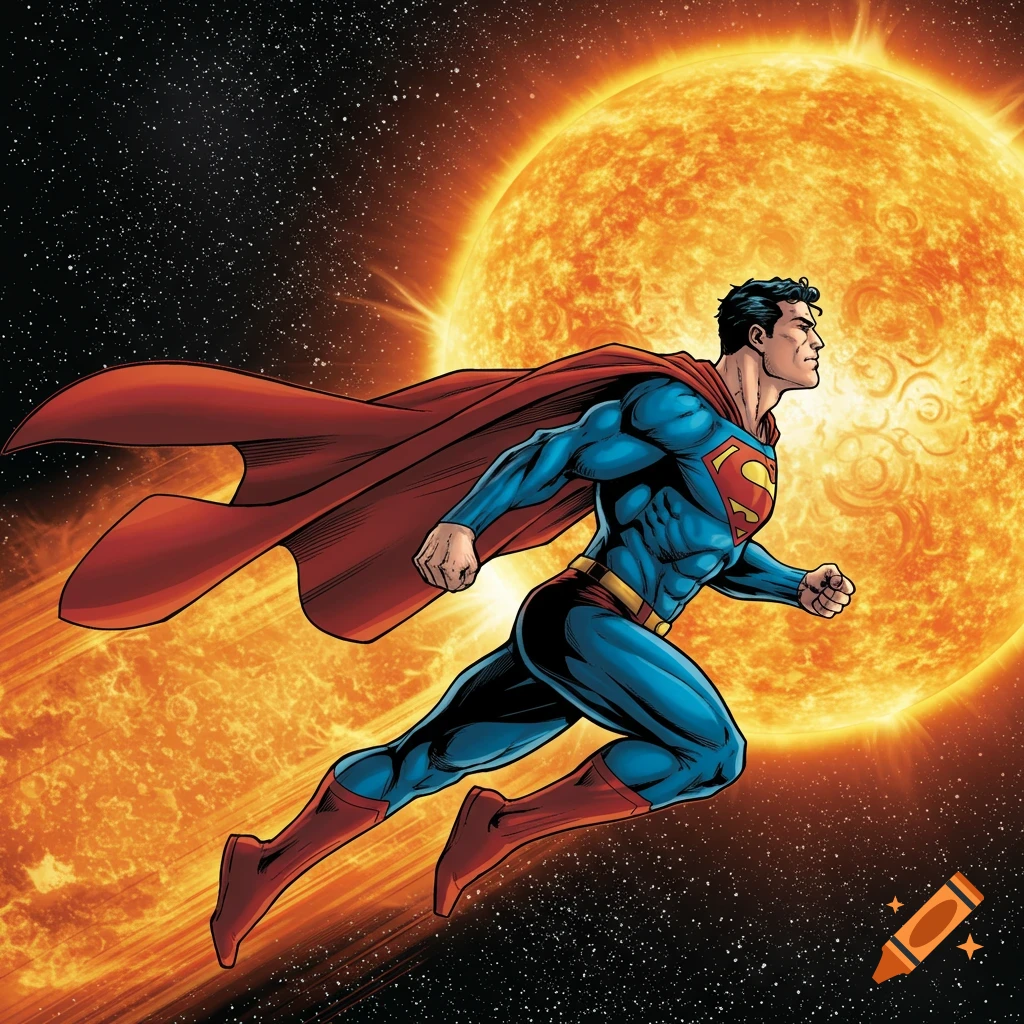 Comic book illustration of Superman flying towards a bright sun in ...