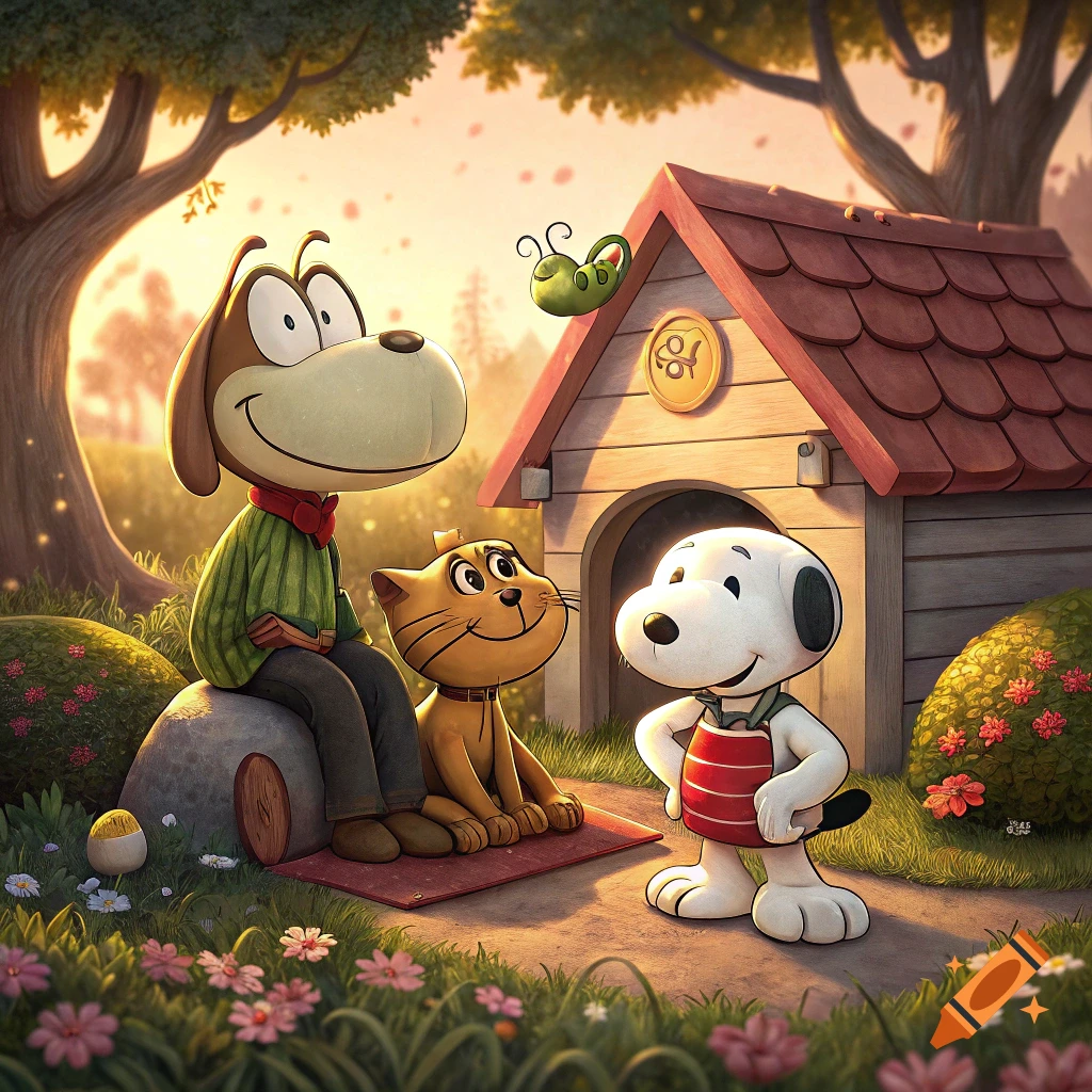 Cartoon dogs and a cat standing in a yard with a doghouse at sunset. on ...