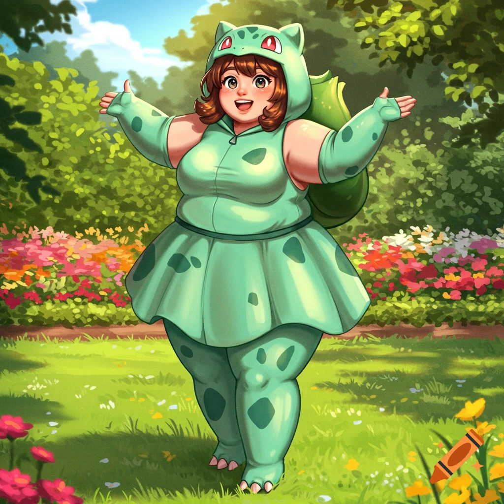 An illustration of a person in a green Bulbasaur costume standing with ...