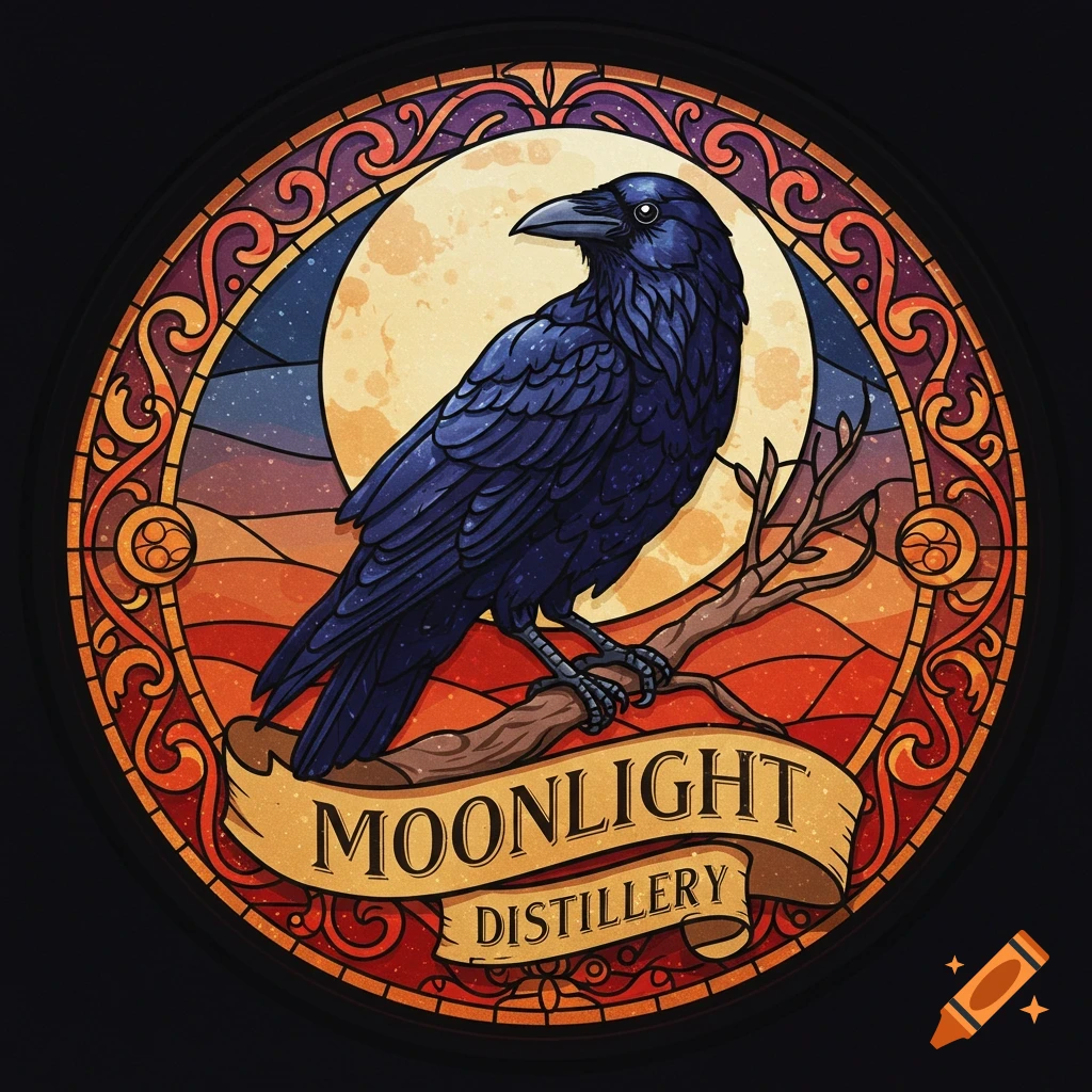 Stained glass window with a crow and the text "Moonlight Distillery" on ...