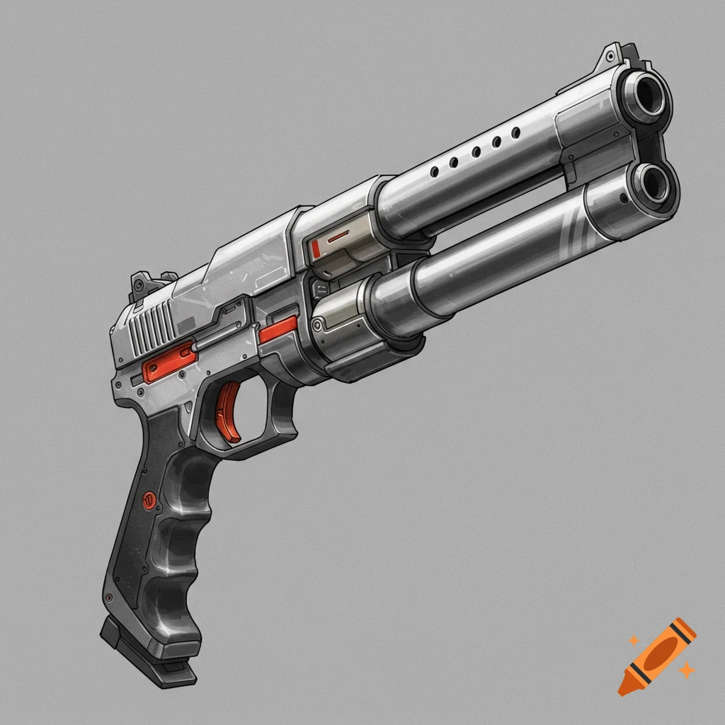 Illustration of a futuristic handgun with two stacked vertical barrels ...