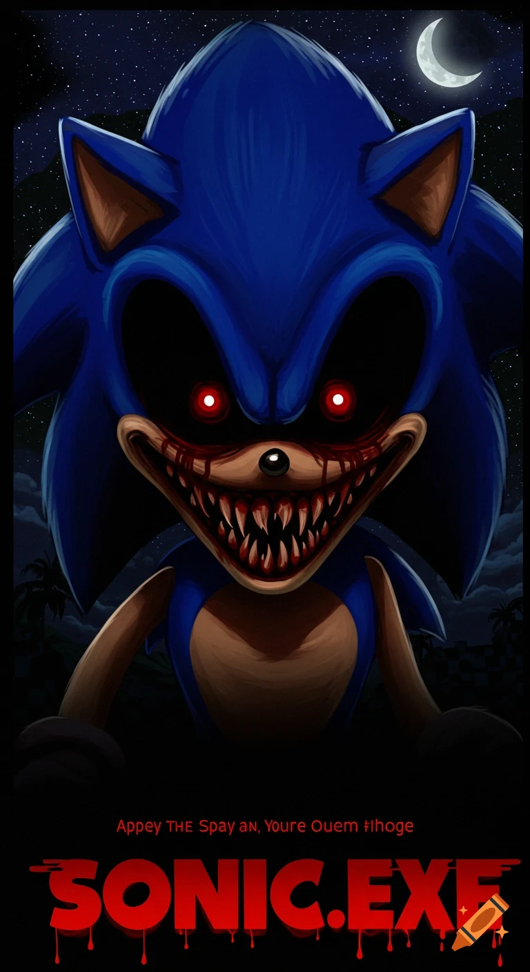 A horror movie poster featuring Sonic.exe with red eyes and sharp teeth ...