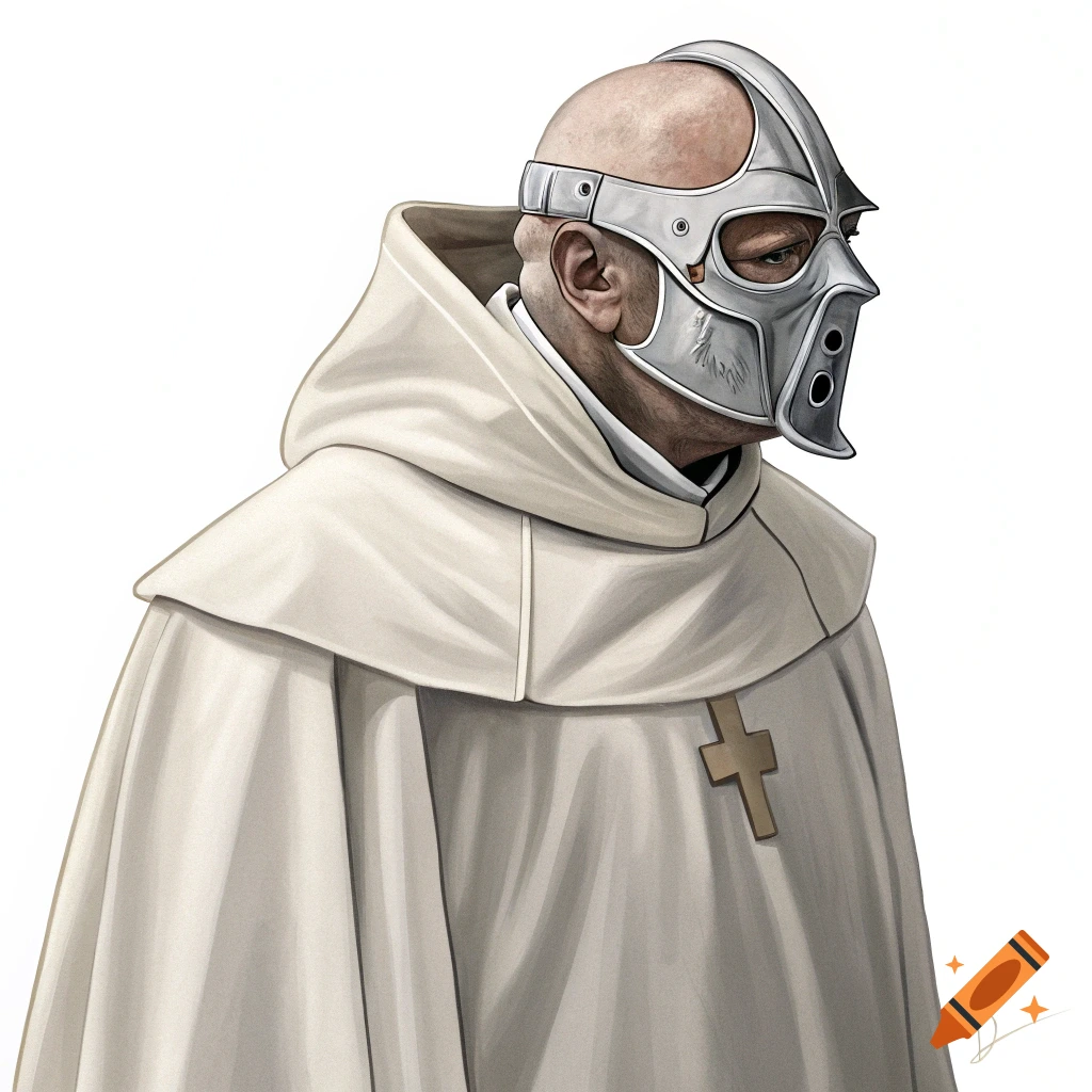 White bald male in priest robes wearing MF Doom mask on Craiyon