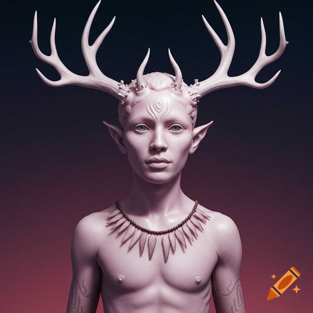 Surreal tribal person with antler-like crests and pinkish milky skin on ...
