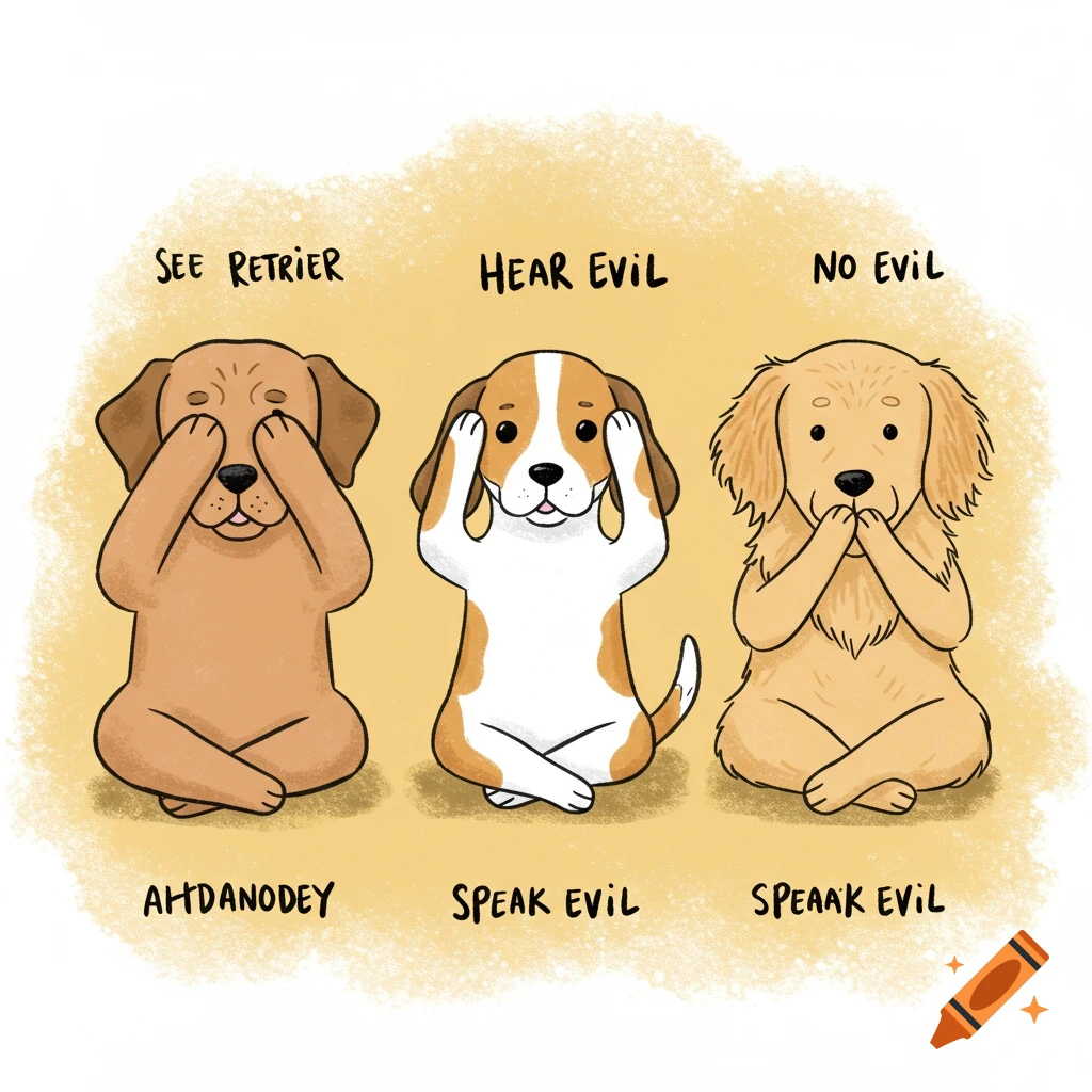 Illustration of three cartoon dogs doing 'see no evil, hear no evil ...