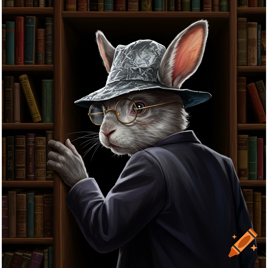 Rabbit in fedora entering hole in library, 80s movie poster style on ...