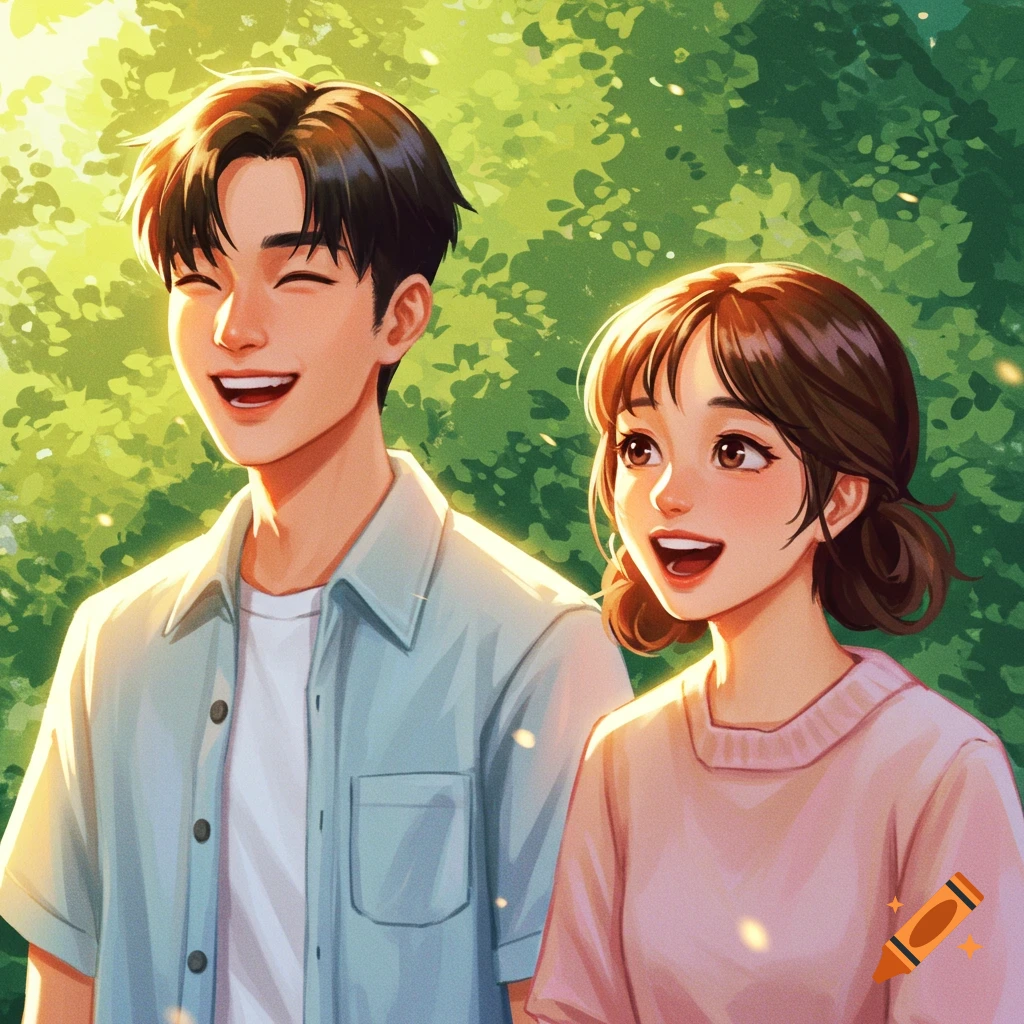 Anime illustration of a man and woman smiling happily outdoors on Craiyon