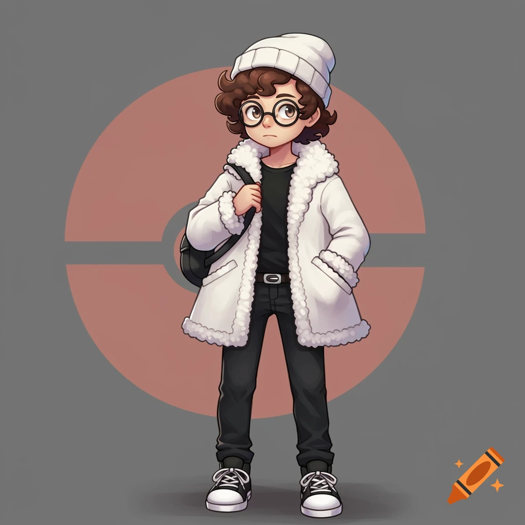 Pokemon style illustration of a 14-year-old boy with curly brown hair ...
