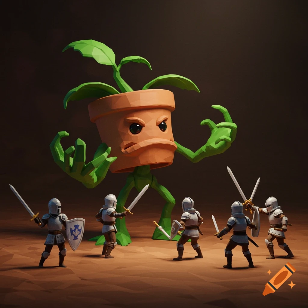 Low-poly fantasy illustration of a large plant monster battling small ...