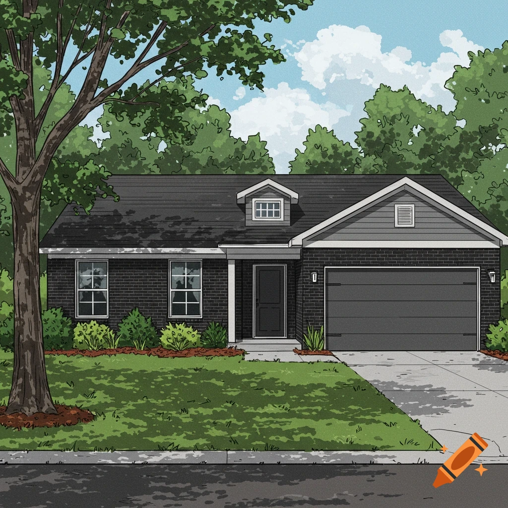 One story ranch house with black brick and gray siding on Craiyon