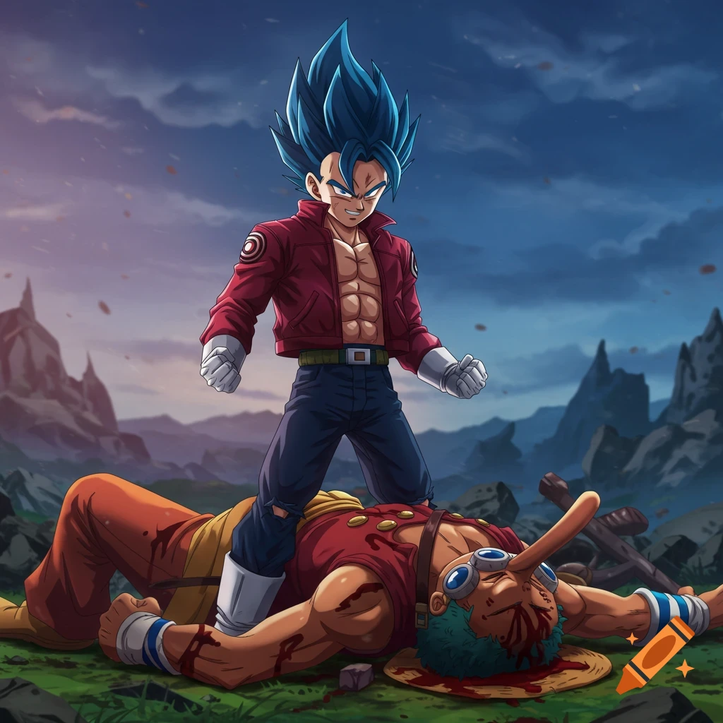 Vegeta-style character in Future Trunks jacket defeating Usopp on Craiyon