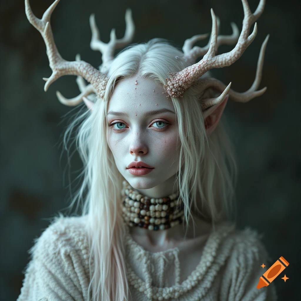 Surreal woman with antler-like crests and pale skin on Craiyon
