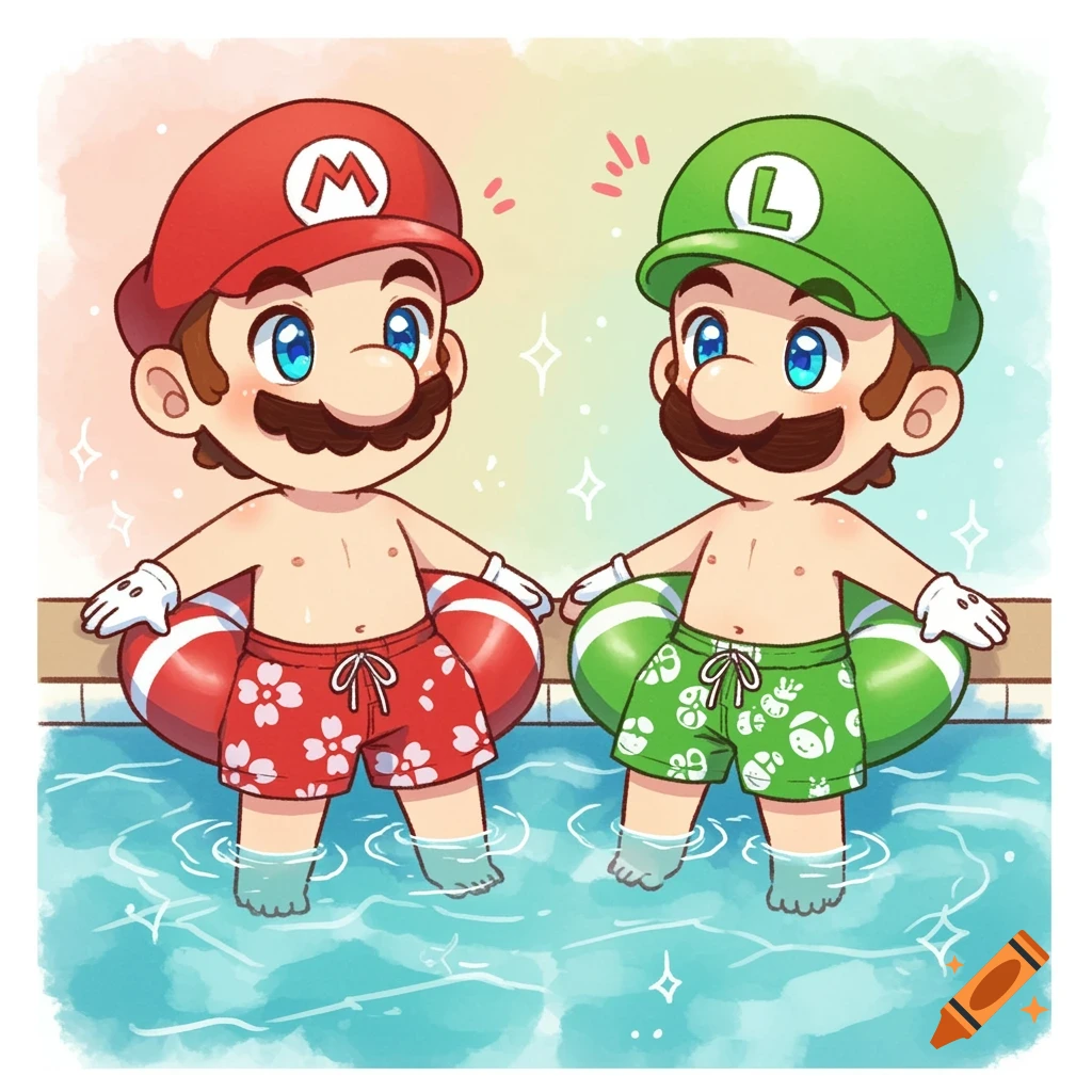 Chibi style illustration of Mario and Luigi in swim trunks and inner ...