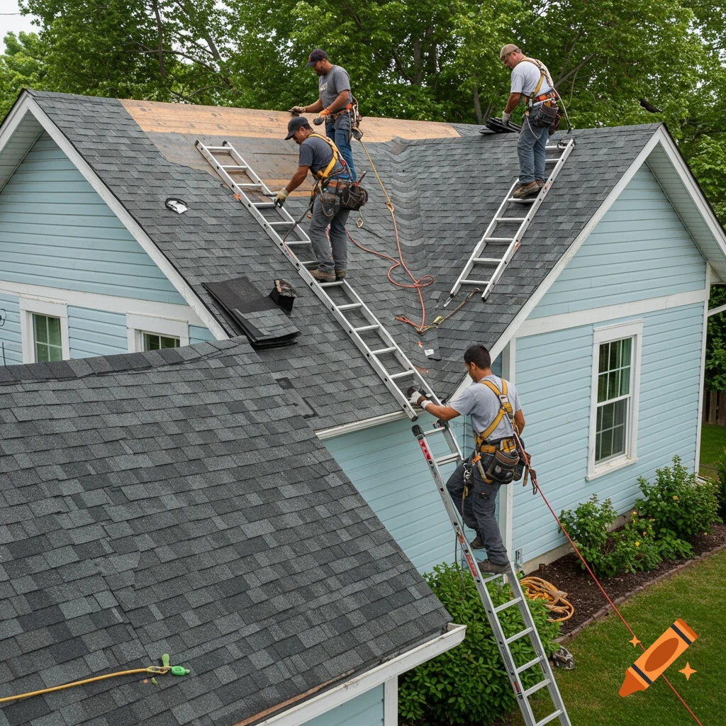 A roofing crew works on replacing shingles on a house roof. on Craiyon