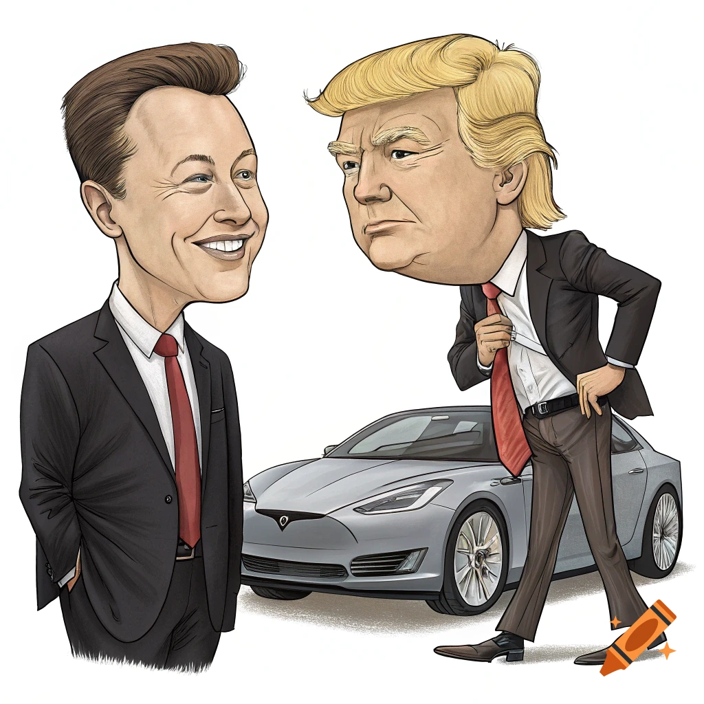 Caricature of Elon Musk and Donald Trump standing near a silver car on ...