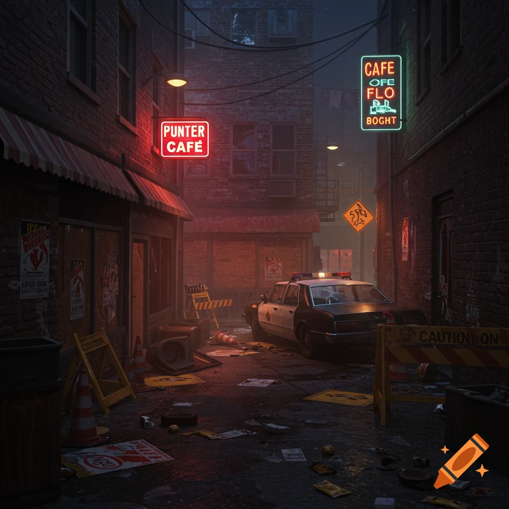 Gritty retro CGI 90s computer render of urban alley scene with neon ...