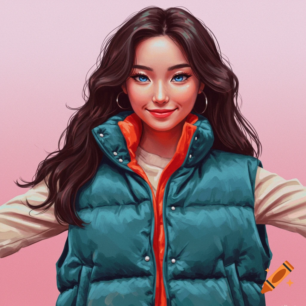 Asian woman with blue eyes and dark brown hair in a puffer vest on Craiyon