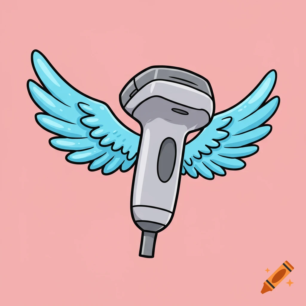 A cartoon illustration of an ultrasound probe with wings. on Craiyon