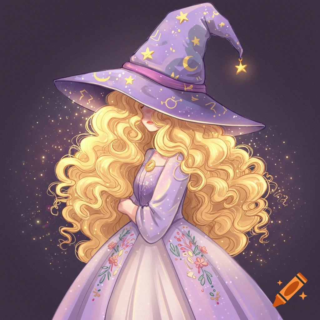 Blonde girl with curls in princess gown and wizard hat on Craiyon