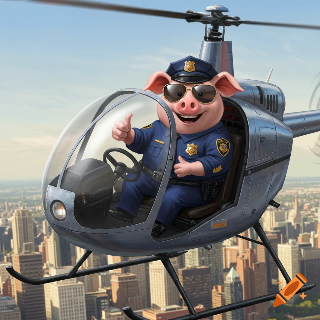 Pig in aviator sunglasses and police uniform piloting a helicopter on ...
