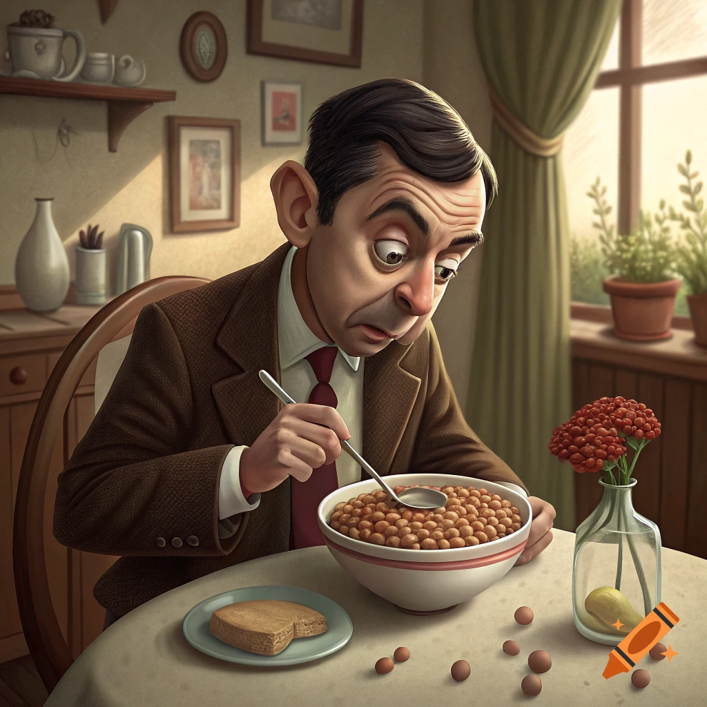 Cartoon illustration of Mr. Bean sitting at a table and eating a bowl of beans. on Craiyon