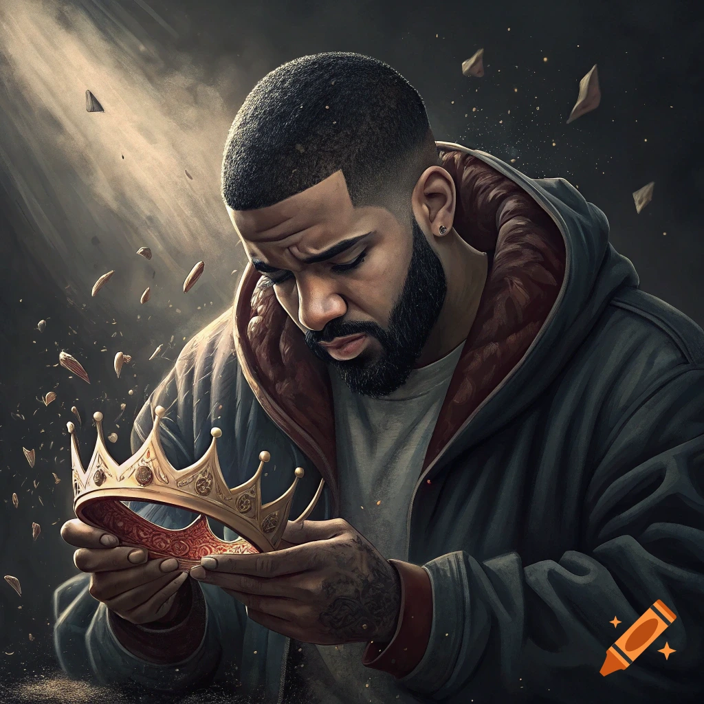 Drake holding a broken crown; inspired by Kendrick's metaphorical words ...