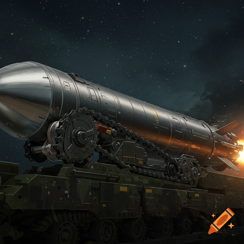 A large, olive green artillery cannon is mounted on a massive concrete block structure against a ...