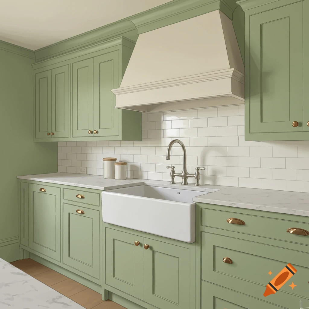 A light sage green kitchen with shaker cabinets, white subway tile, and ...