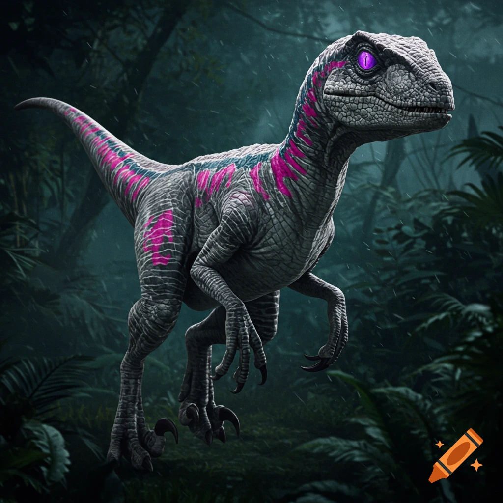 Velociraptor with violet eyes and pink pattern on Craiyon
