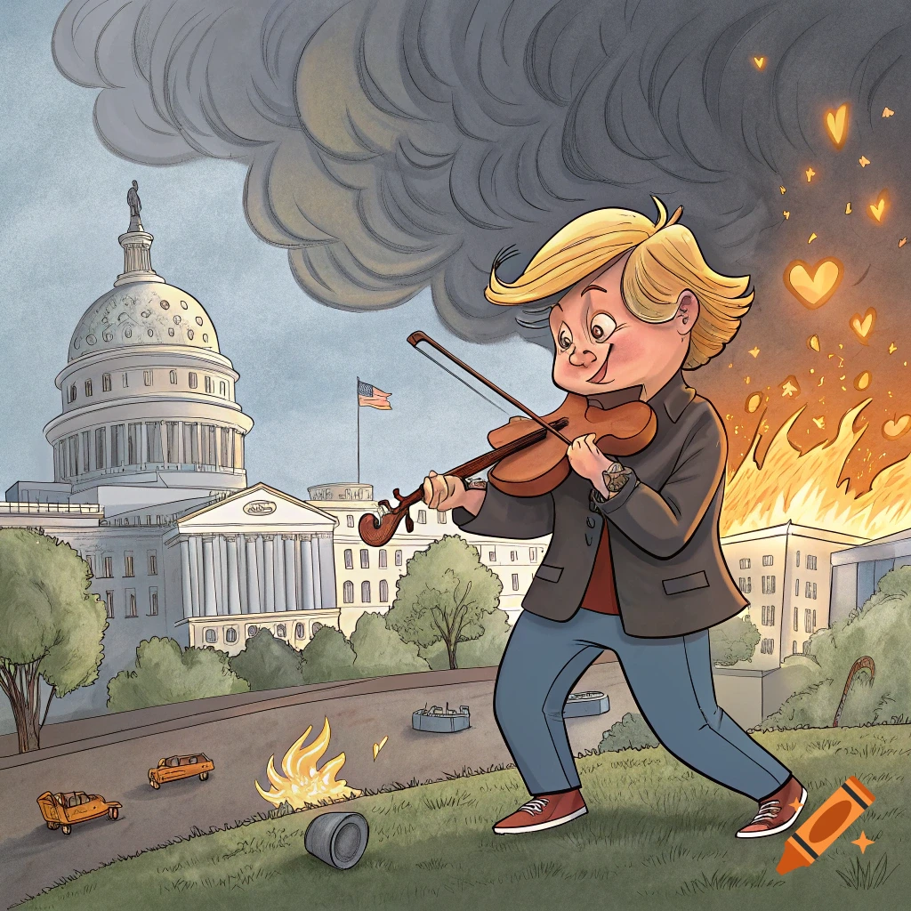 Cartoon of Donald Trump playing fiddle as Washington DC burns on Craiyon
