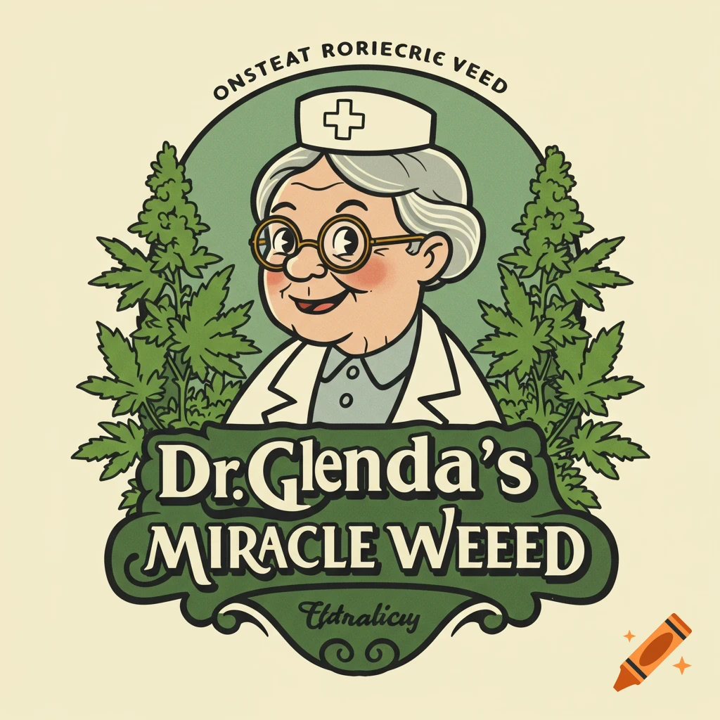 Cartoon logo for Dr. Glenda's Miracle Weed on Craiyon
