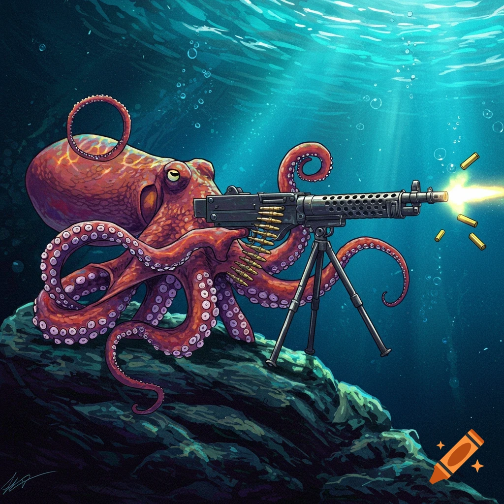 An illustrated red octopus sits on a rock underwater, firing a large ...