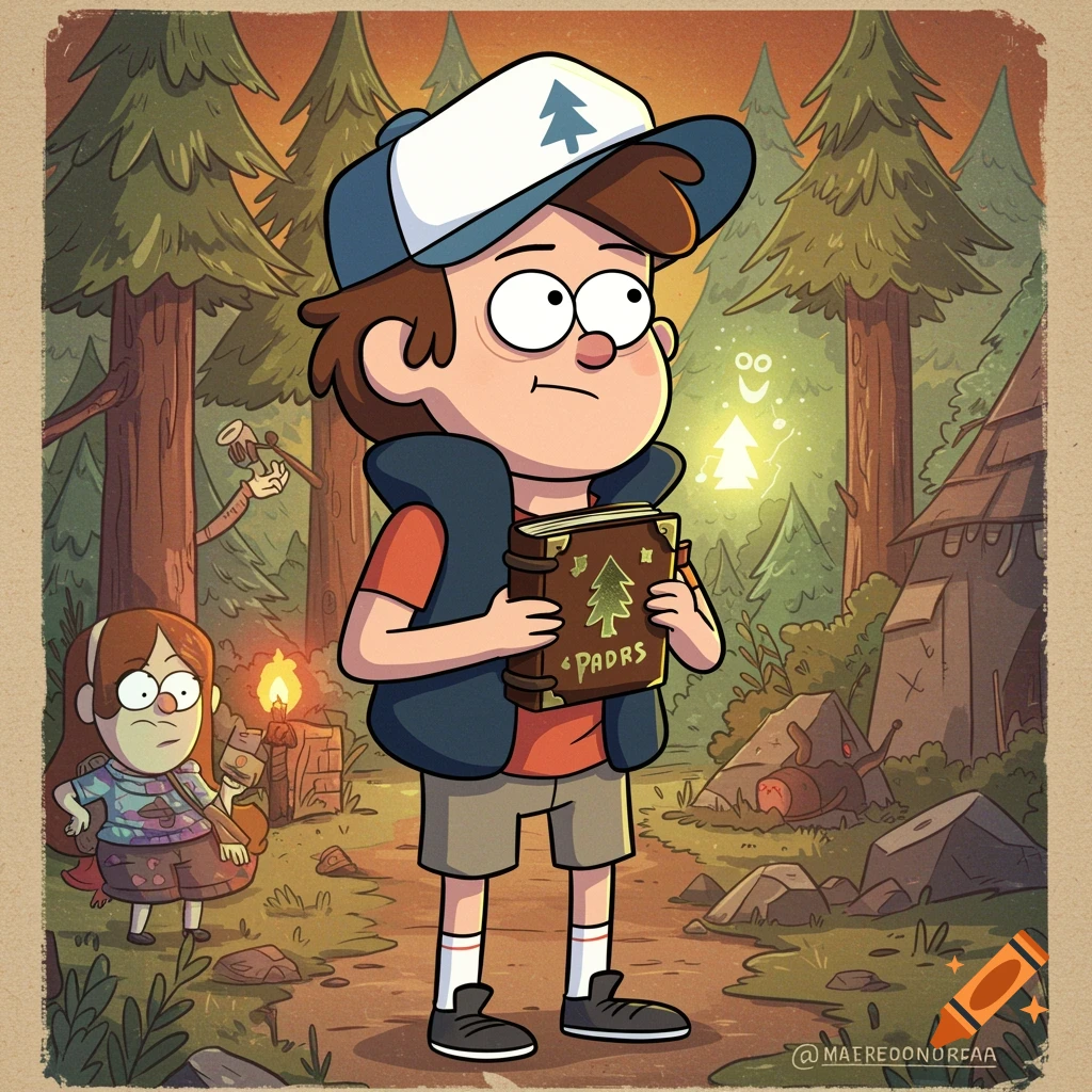 Dipper Pines holding a book in a forest with Mabel Pines behind him, in ...