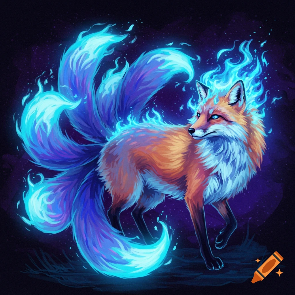 Blue kitsune fox made of flames on Craiyon