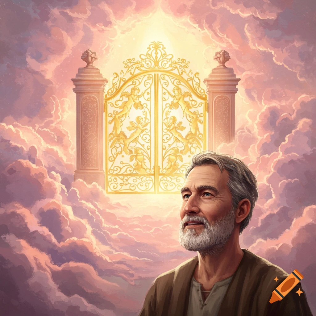 Shadow of a man walking through the gates of heaven.jpg on Craiyon