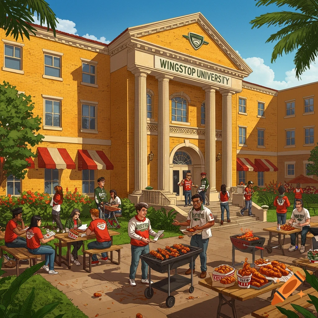Illustrated scene of students grilling and eating chicken wings at ...