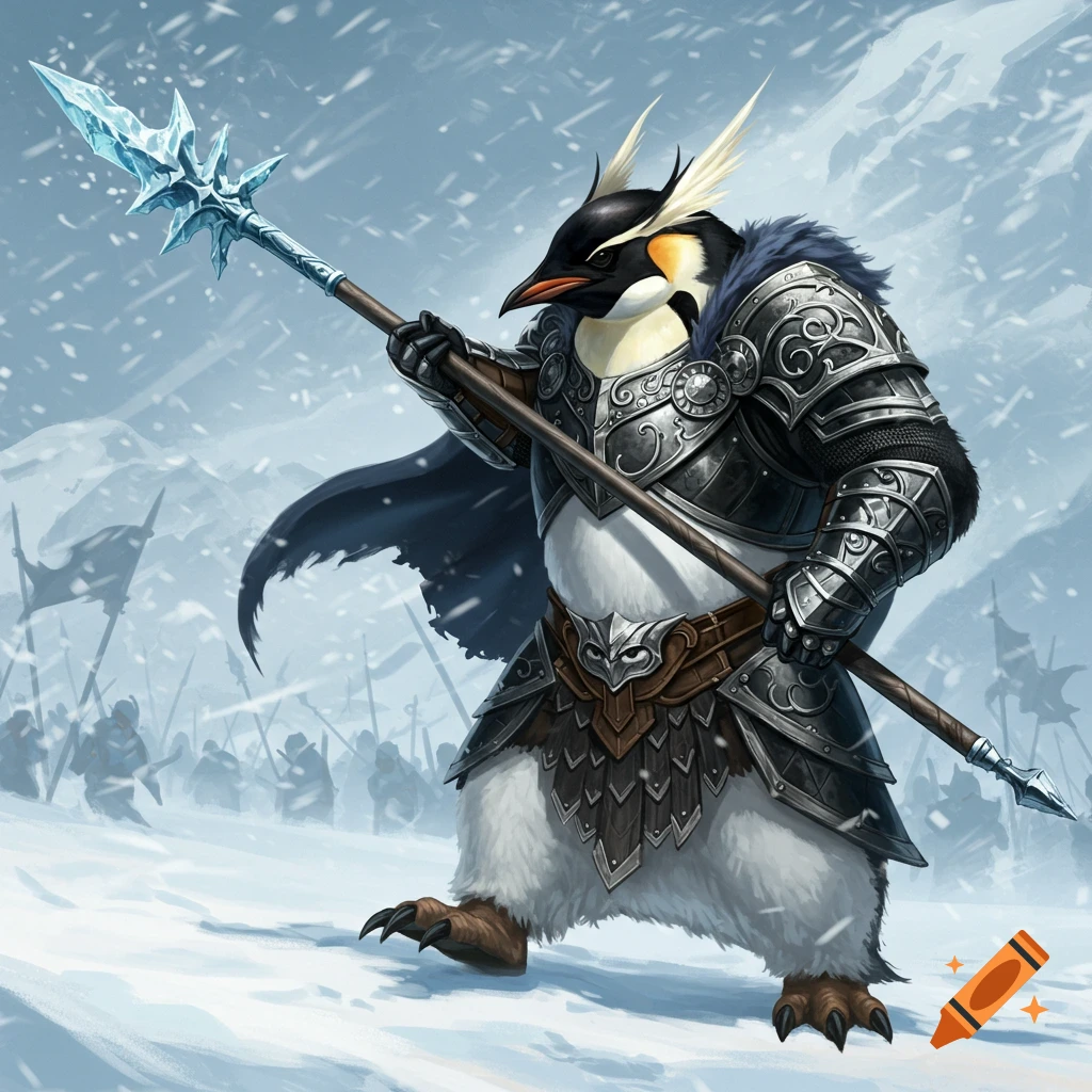 A penguin warrior in detailed armor holds a spear in a snowy landscape with an army in the ...