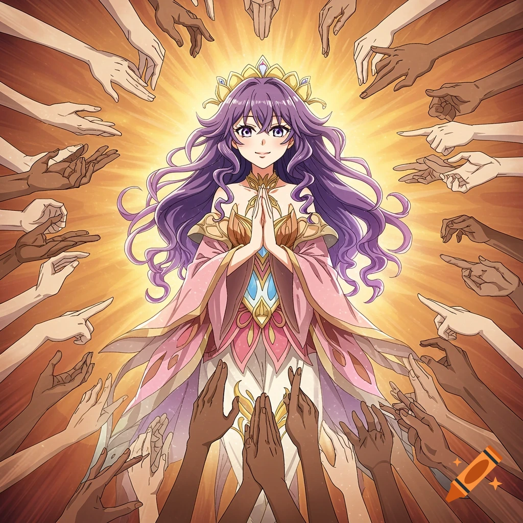Anime girl with purple hair surrounded by worshipping hands on Craiyon