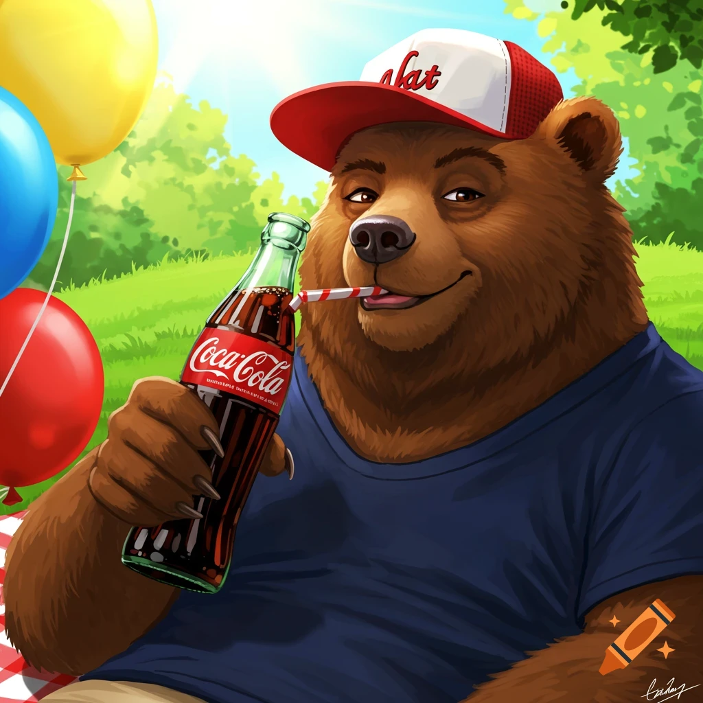 Illustration of a cartoon bear drinking Coca-Cola from a bottle while ...