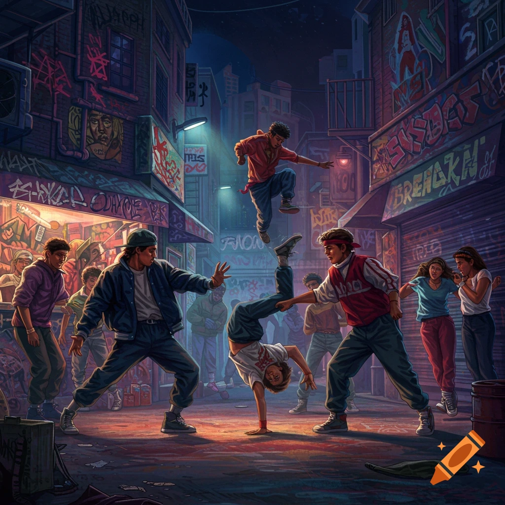 Illustration of people breakdancing in a graffiti-covered urban alley ...