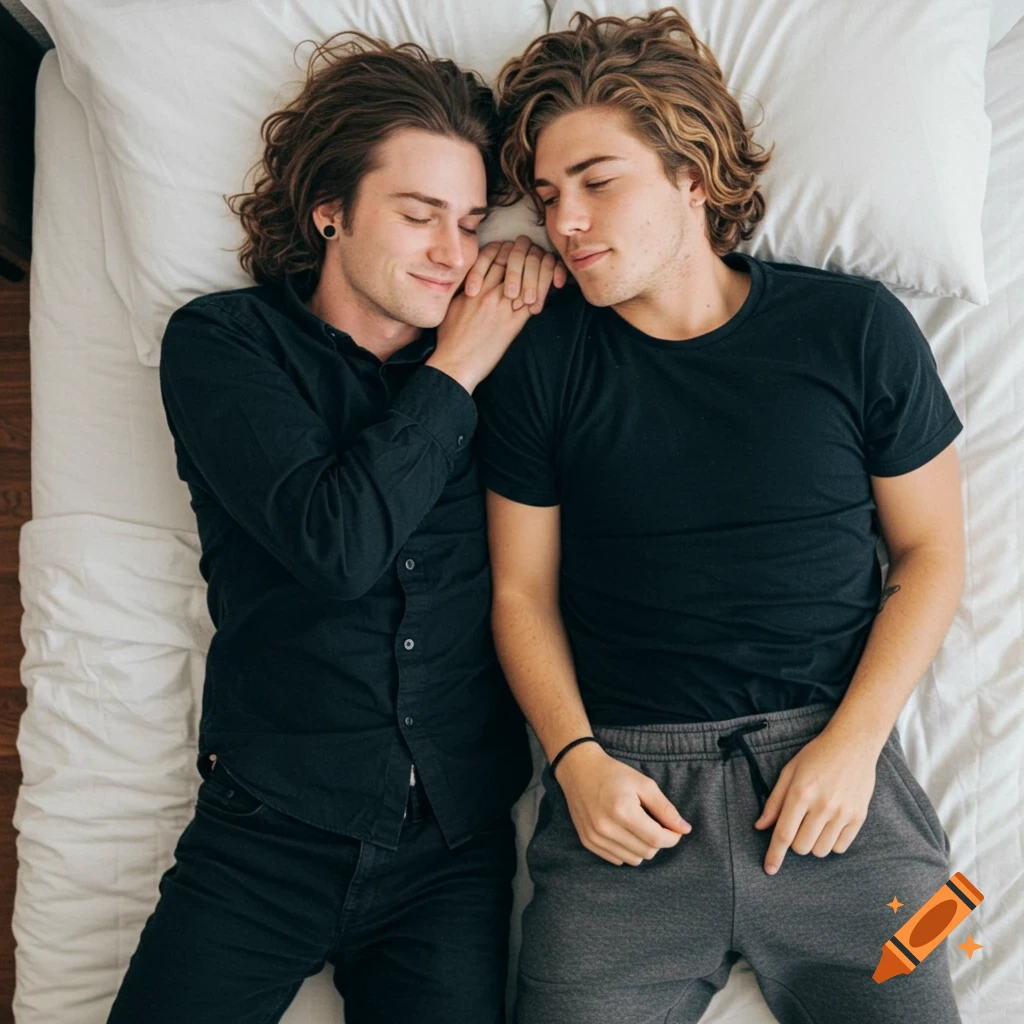 Two men, a couple, lying on a bed holding hands. on Craiyon